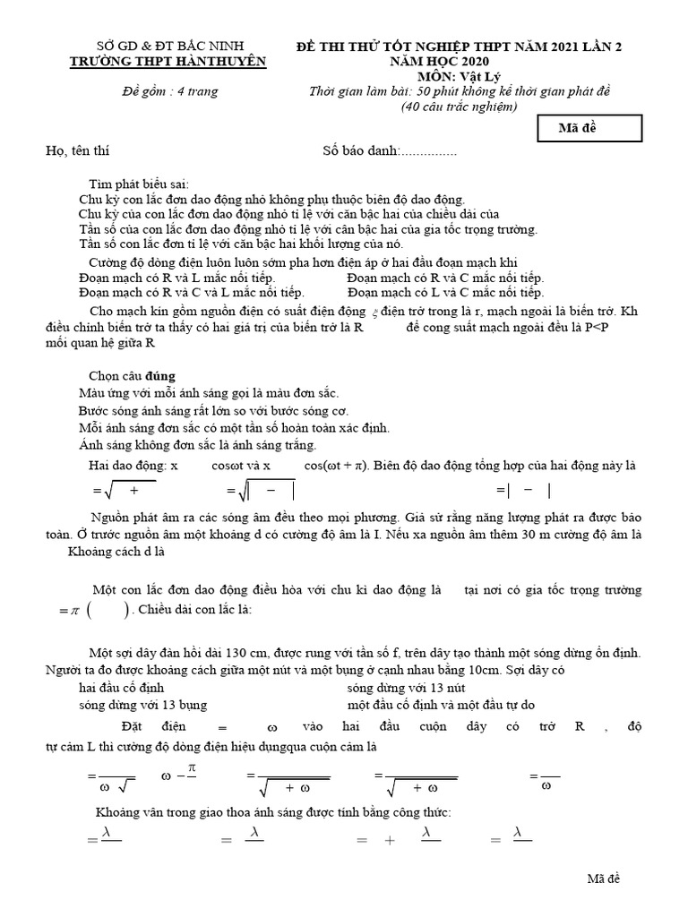 De Thi Thu TN THPT 2021 Lan 2 Mon Vat Ly Truong THPT Han Thuyen Bac Ninh | PDF