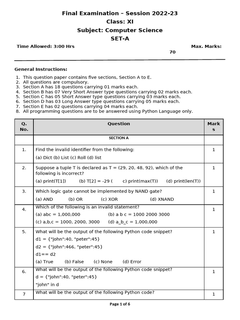 QP Final XI CS SET A | PDF | Logic Gate | Computing