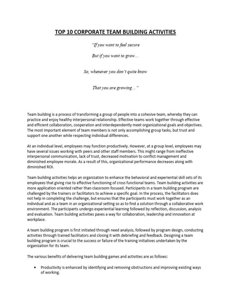 Top 10 Team Building Activities | PDF | Team Building | Business