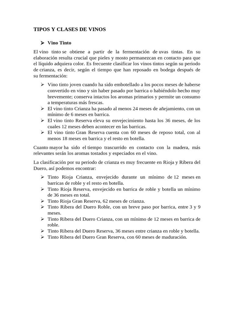 Tipos y Clases de Vinos | PDF | Vino | Fermentación En Vinificación