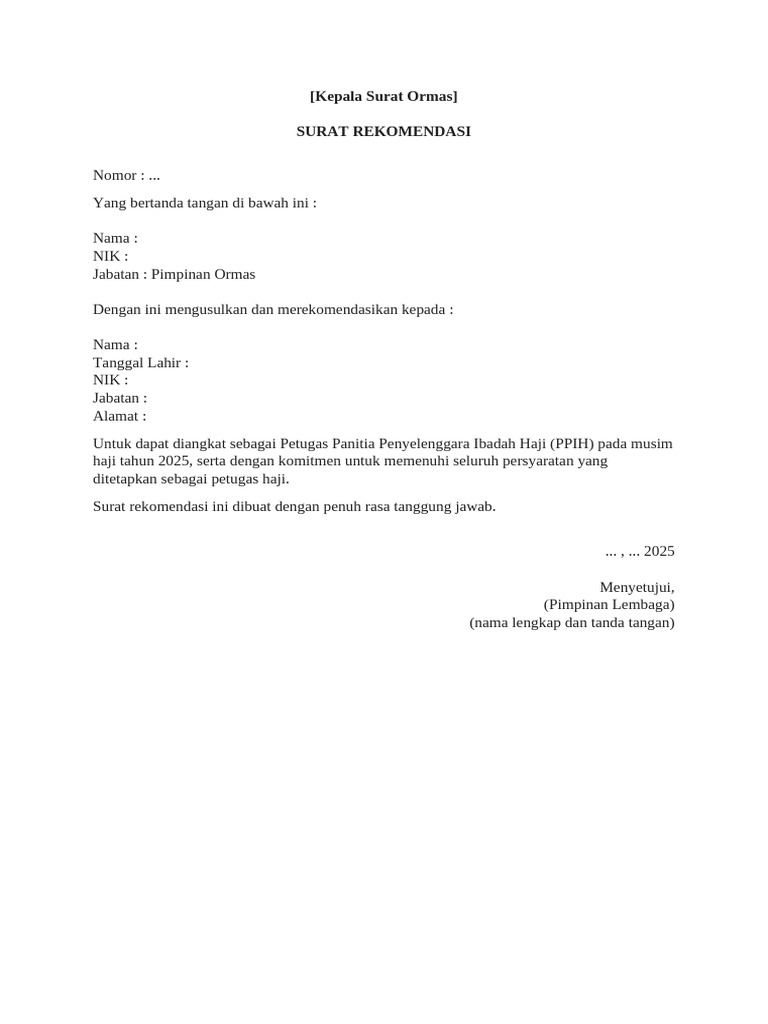 Contoh Surat Rekomendasi Petugas Haji Dari Ormas | PDF
