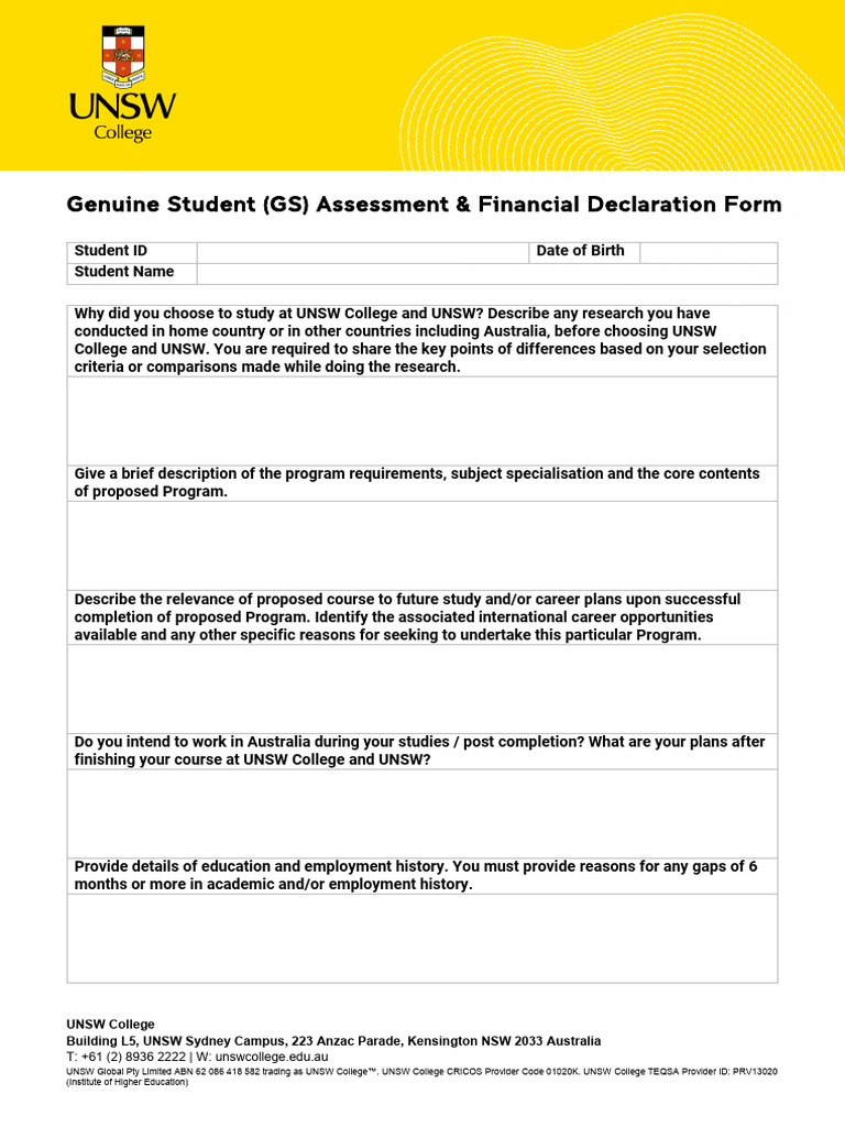GTE Assessment and Financial Declaration Form - PDF Hamza | PDF | Cost ...