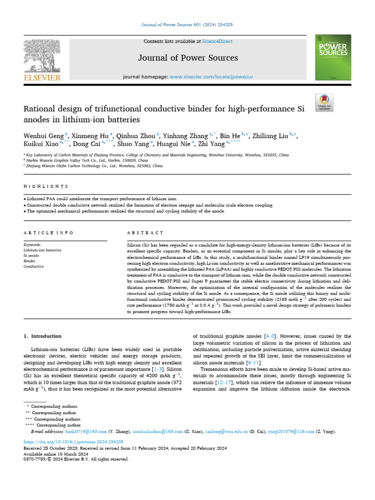 Rational Design of Trifunctional Conductive Binder For Hig - 2024 - Journal of P | PDF | Lithium ...