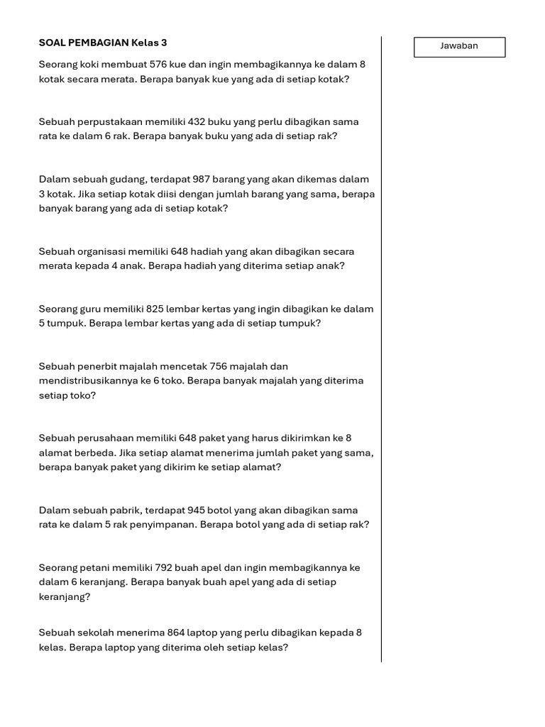 Soal Cerita Pembagian 3 Bagi 1 Digit | PDF