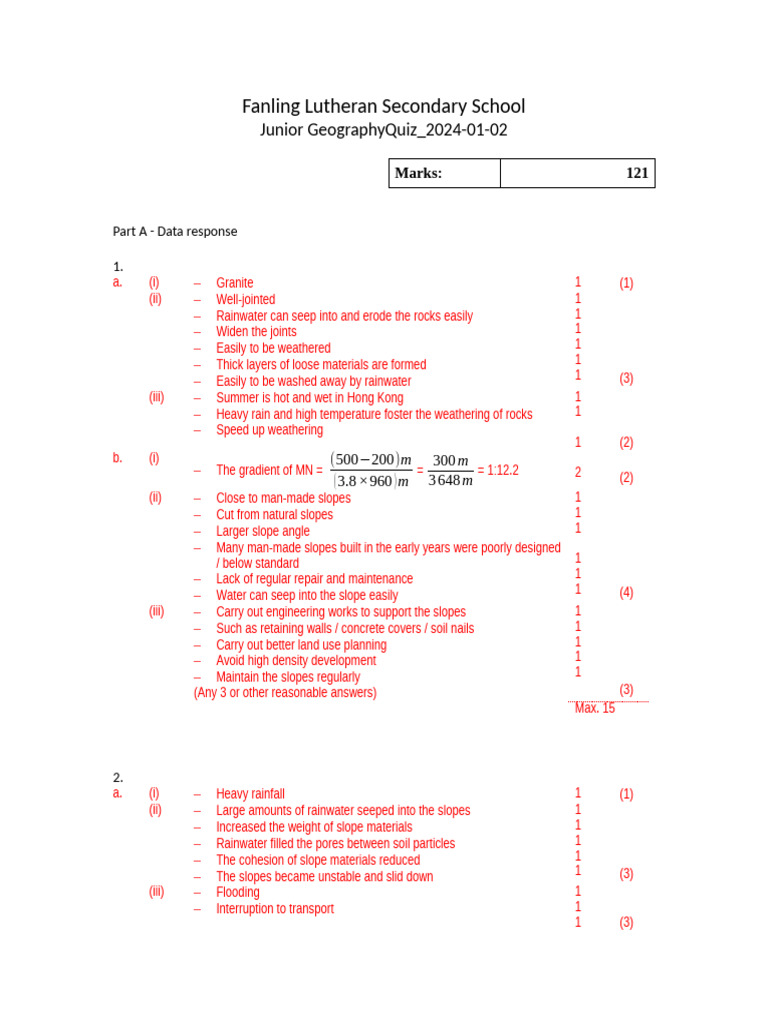 Junior Geography Quiz: Hong Kong Geography | PDF | Rain | Landslide