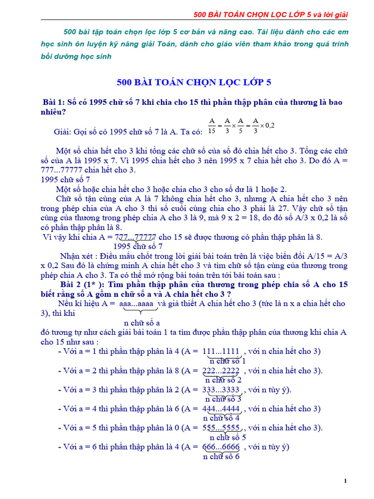500 Bai Toan Nang Cao Lop 5 Co Loi Giai | PDF