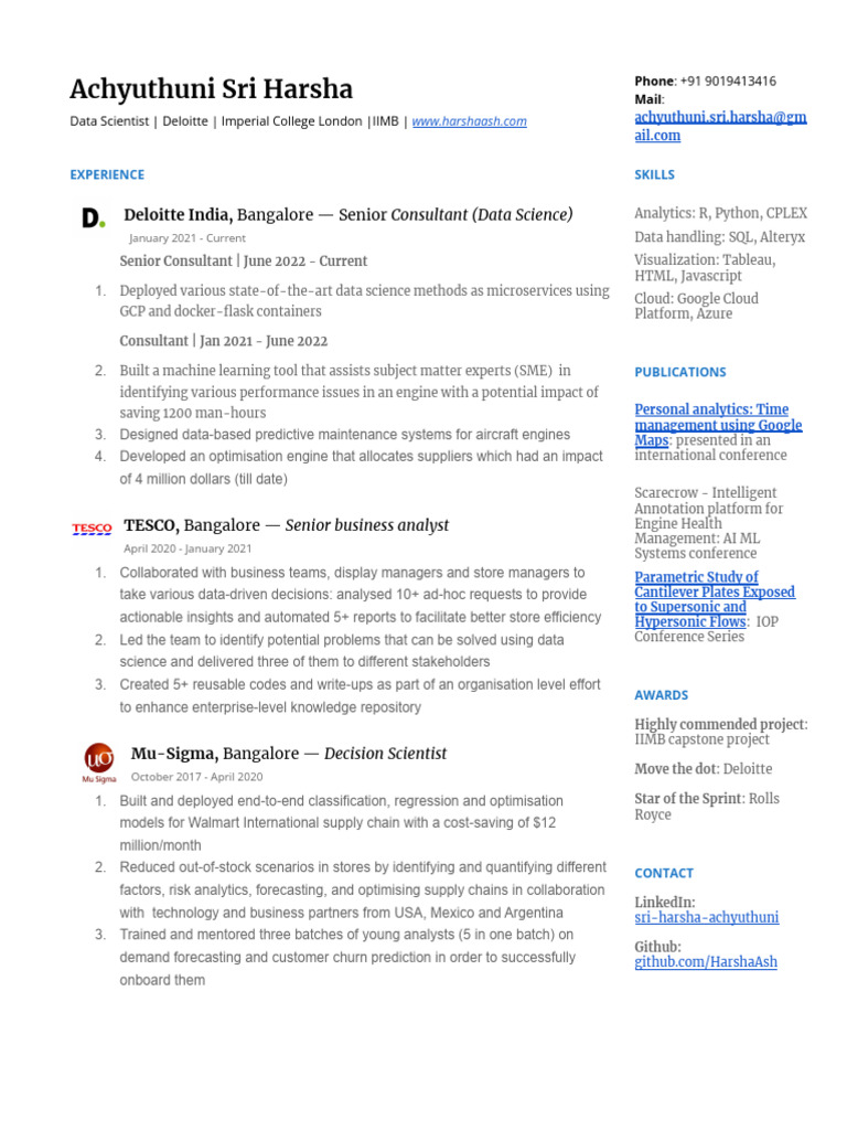Resume Achyuthuni Sri Harsha | PDF | Analytics | Machine Learning