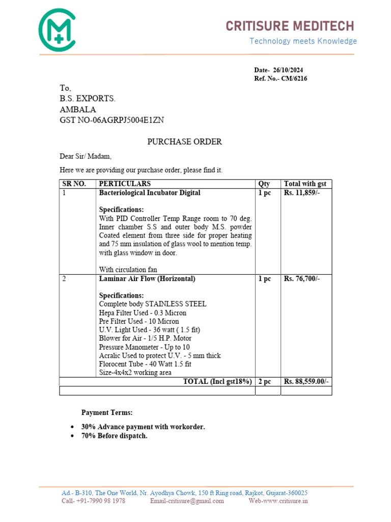 Purchase Order for Lab Equipment | PDF | Materials | Building Engineering