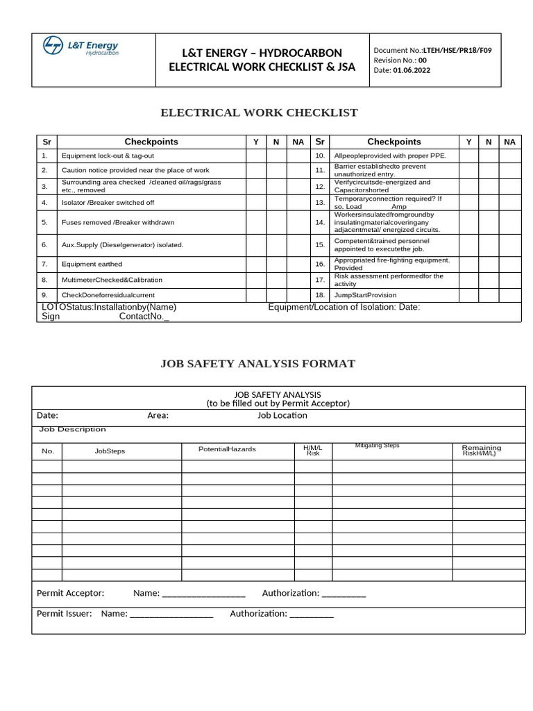 04 Electrical Checklist N JSA | PDF | Occupational Safety And Health | Electric Power