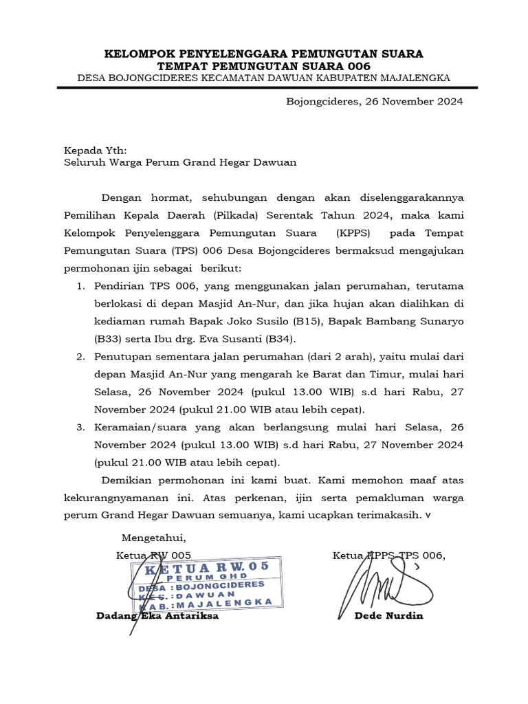 Izin Penutupan Jalan TPS 006 Pilkada 2024 | PDF