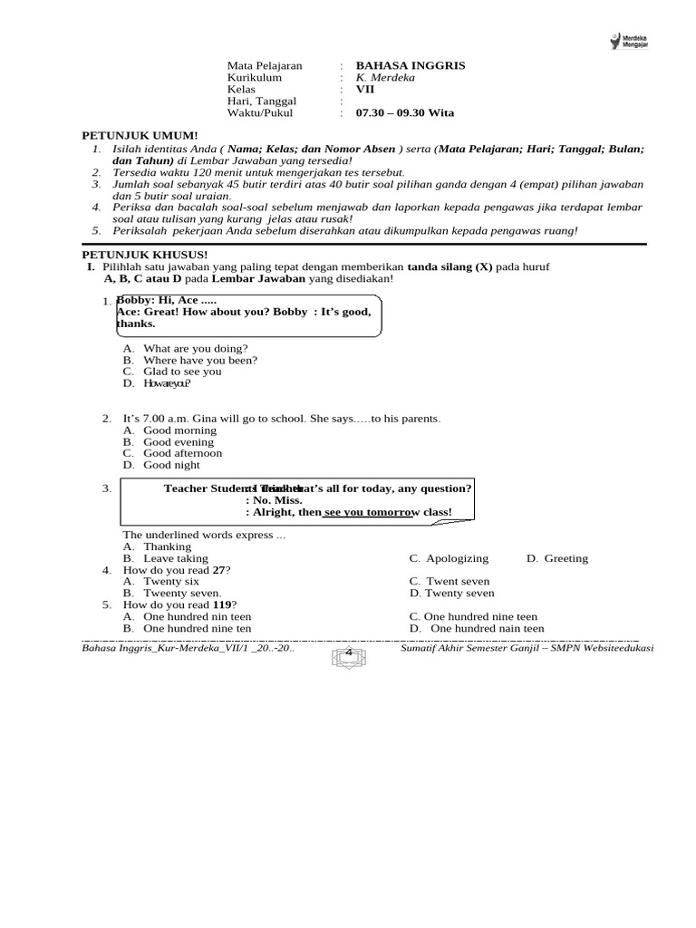 SAS 1 Kelas VII - Bahasa Inggris | PDF