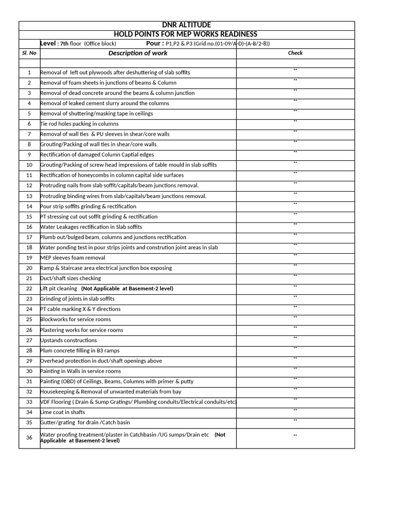 Hold Points For MEP Readiness 7th Floor | PDF | Concrete | Building ...