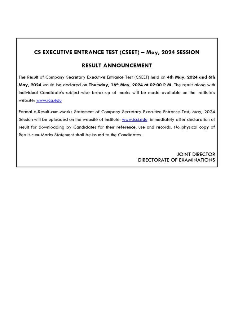 Declaration of Result of CSEET 14052024 | PDF
