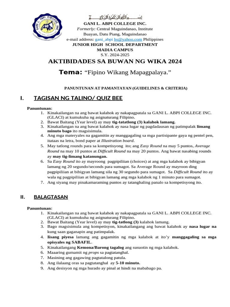 Aktibidades Sa Buwang NG Wika 24-25 | PDF
