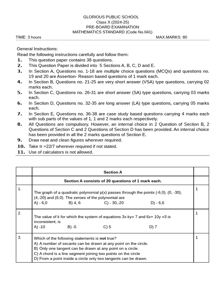 Class-X Maths Pre-Board | PDF | Circle | Sphere
