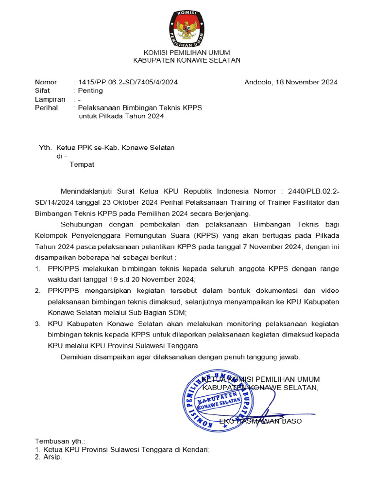 Surat Penyampaian Pelaksanaan Bimtek Kpps Pilkada Tahun 2024 | PDF