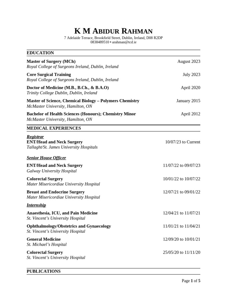 K M Abidur Rahman CV | PDF | Medical School | Surgery