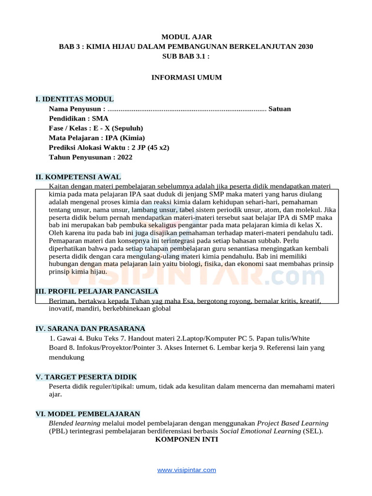 Modul Ajar Kimia SMA Kelas 10 Kurikulum Merdeka | PDF