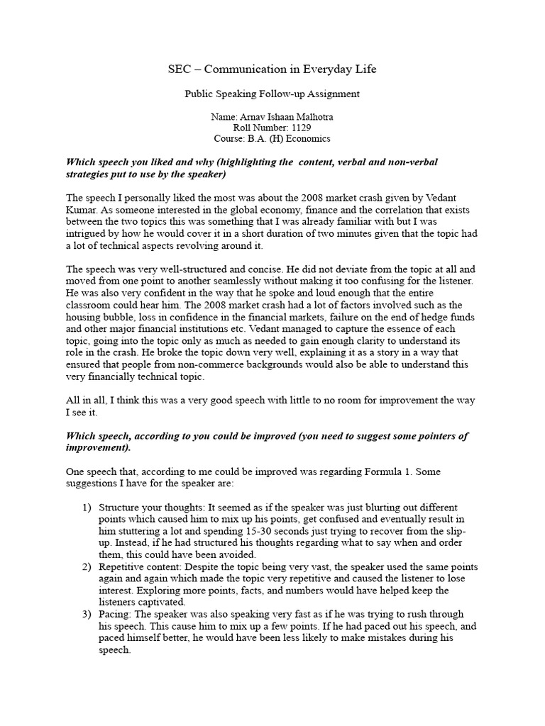 Communication in Everyday Life Assignment - Public Speaking | PDF | Communication | Stuttering