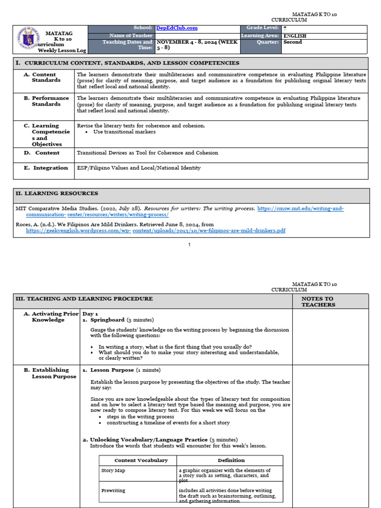 DLL Matatag - English 7 q2 w6 | PDF | Curriculum | Linguistics