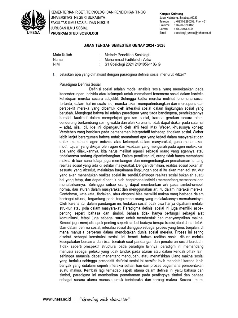 S1 Sosiologi 2024 24040564186 GMuhammad Fadhlullohi Azka | PDF