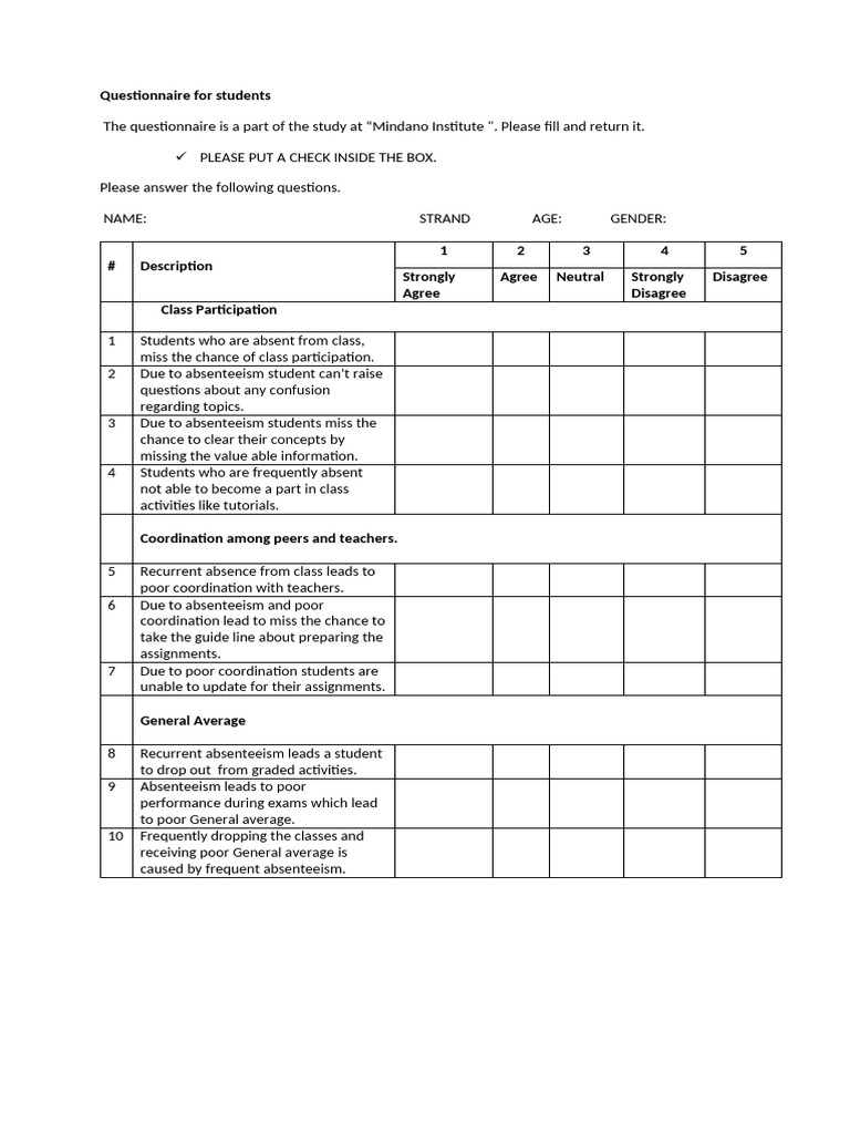 Questionnaire For Absenteeism 1 | PDF