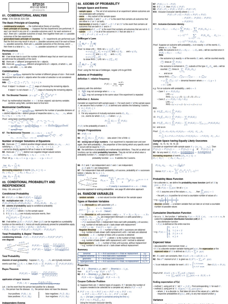 St2131-Cheatsheet Otherstudent | PDF | Probability Distribution | Probability And Statistics