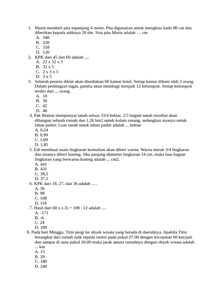 Soal MTK Kls 6 | PDF