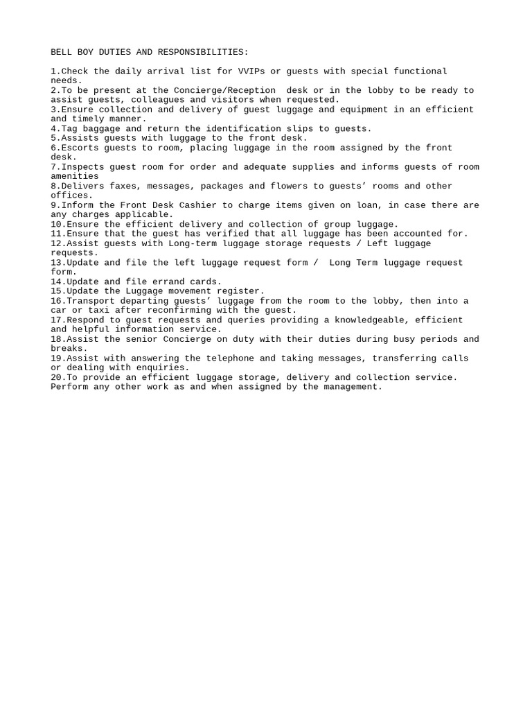Bellboy Duties and Responsibilities | PDF