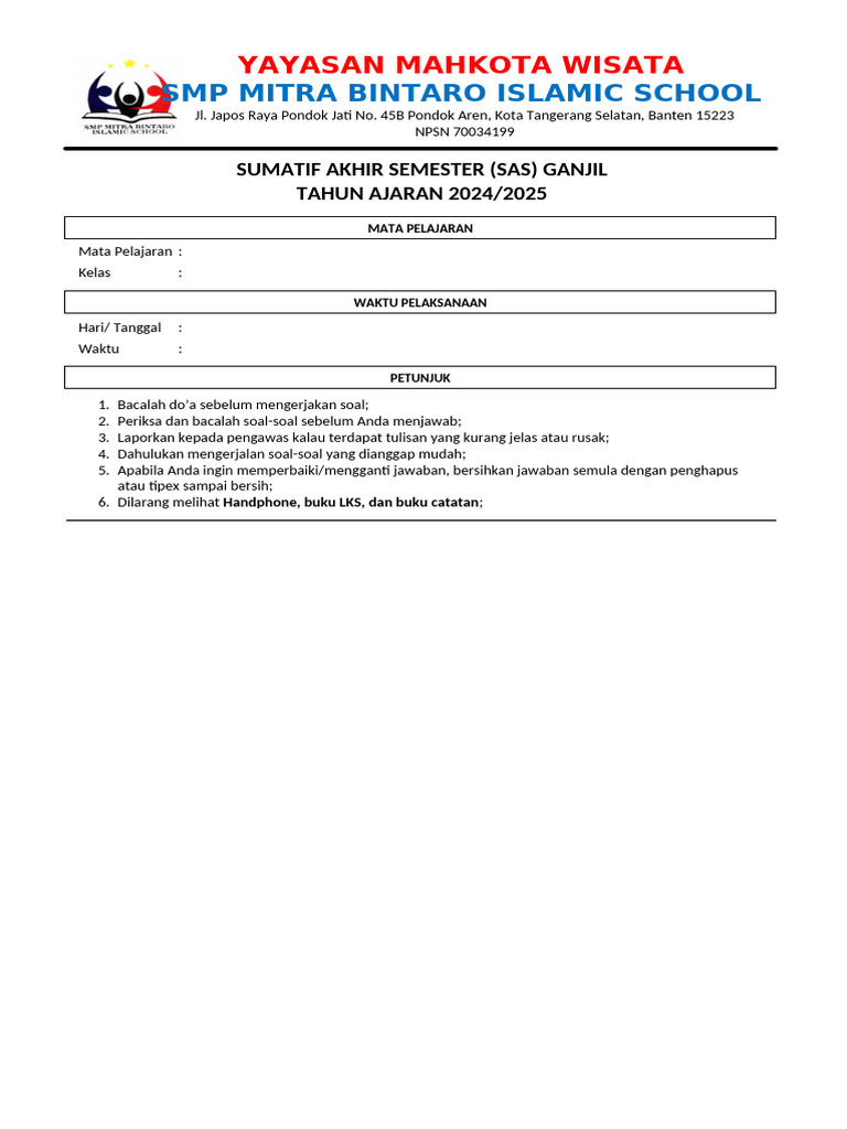 Soal SAS PJOK Kelas 7 Ganjil 2024-2025 | PDF