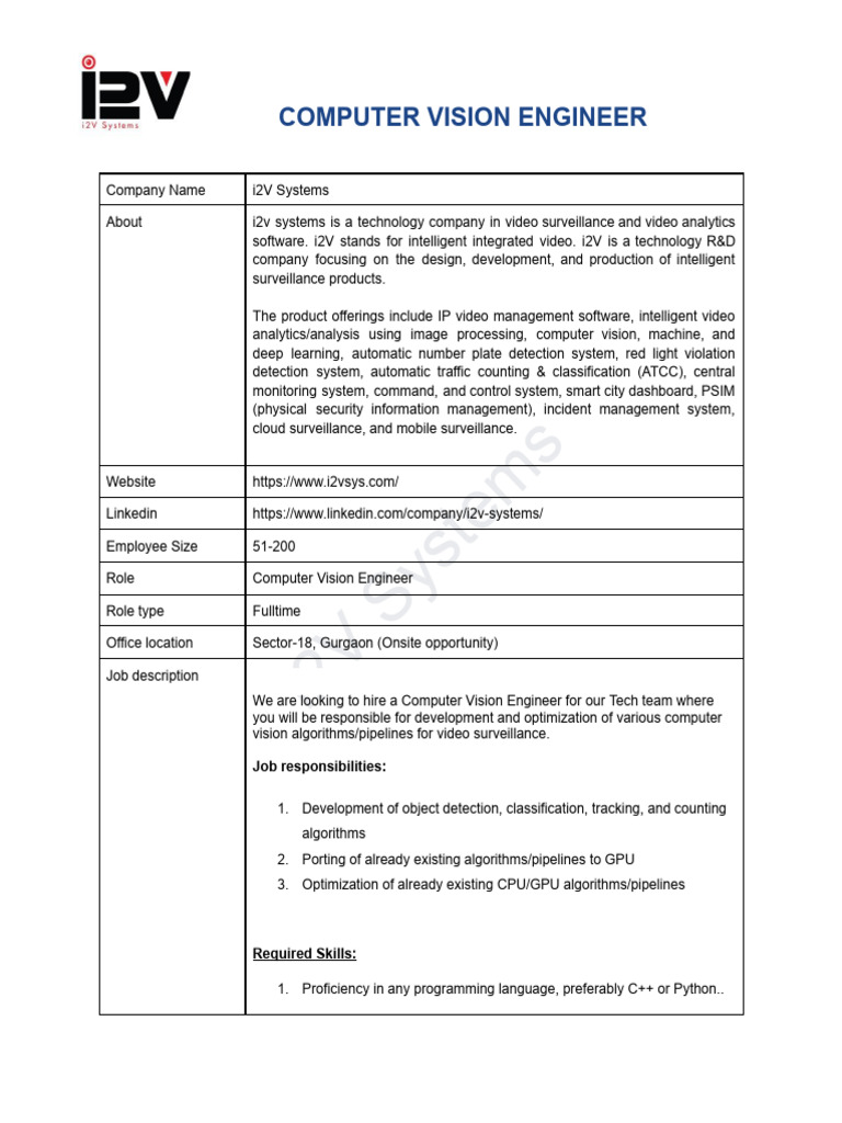 Computer Vision Engineer Role at i2V Systems | PDF | Computer Vision ...