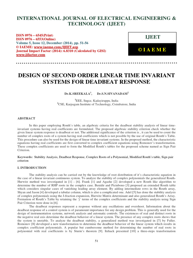 Ijeet Design of Second Order Linear Time Invariant Systems For Deadbeat ...