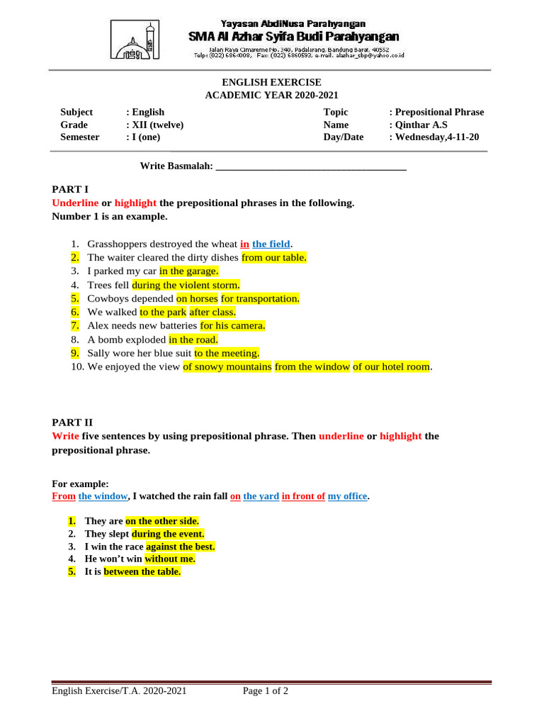 EXERCISE1 PREPOSITIONALPHRASEdocx | PDF | Vocabulary | Phrase