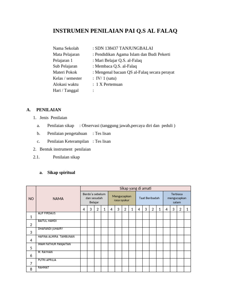 Instrumen Penilaian Pai Kelas 4 BAB 6 | PDF