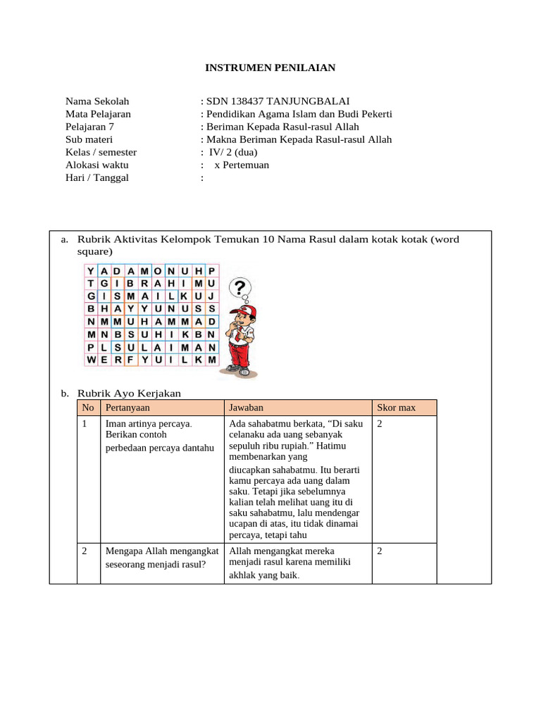 Instrumen Penilaian PAI Kelas 4 Genap 2023-2024 | PDF