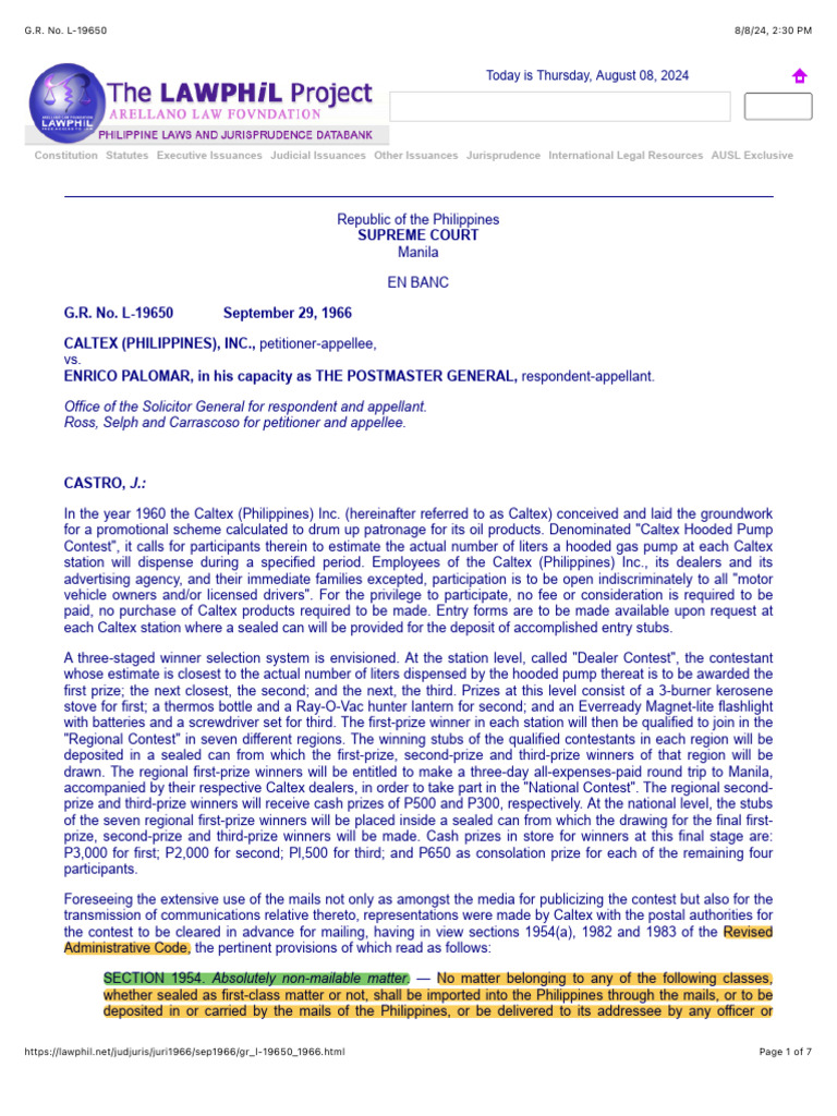 1-1 Case G.R. No. L-19650 Caltex V Palomar | PDF | Appeal | Statutory ...