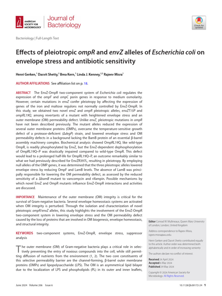 Effects of Pleiotropic OmpR and EnvZ Alleles of Escherichia Coli On Envelope Stress and ...