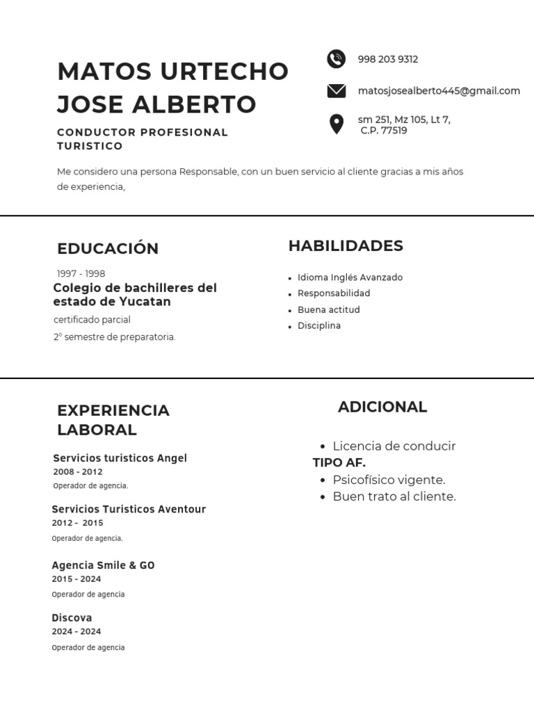 Curriculum Profesional Sin Foto Sencillo Blanco y Negro PDF | PDF