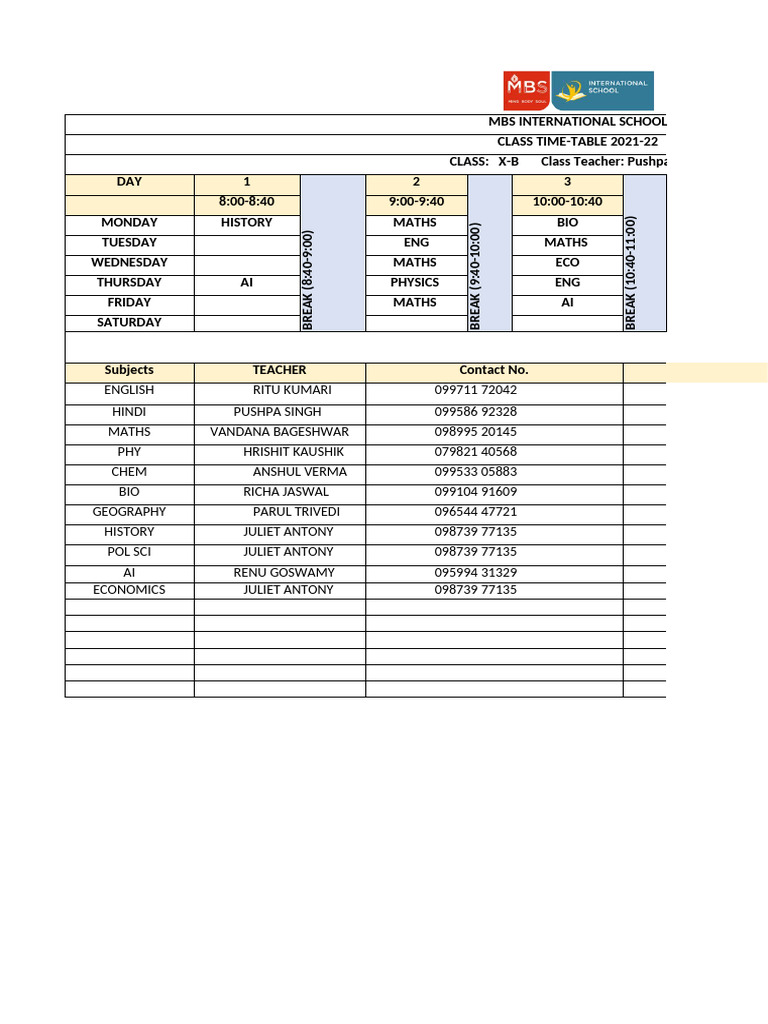 Class - XB - Time-Table 26.4.21 | PDF