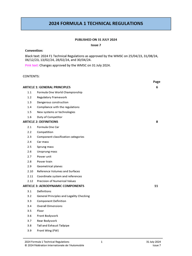 Fia 2024 Formula 1 Technical Regulations - Issue 7 - 2024-07-31 | PDF ...