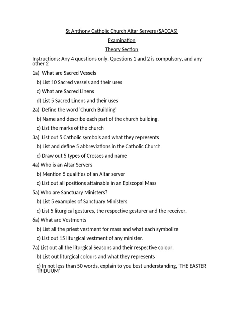 Altar Servers Exam | PDF