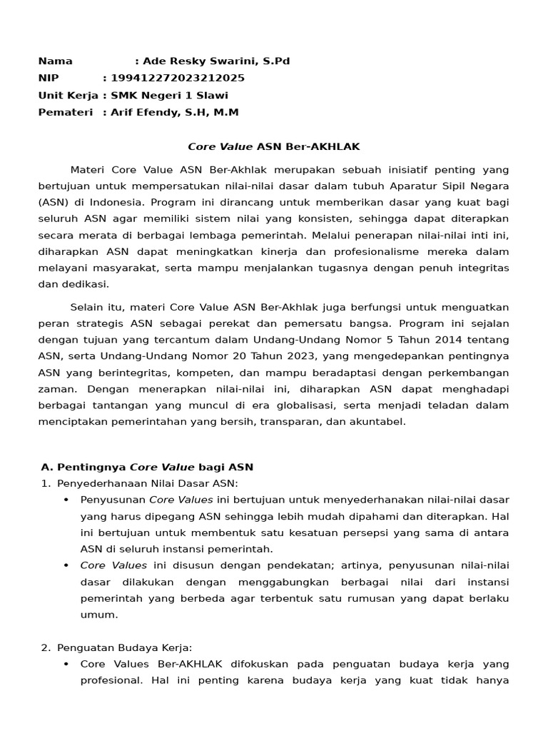 1 - Tugas Resume Core Value ASN Ber-AKHLAK | PDF