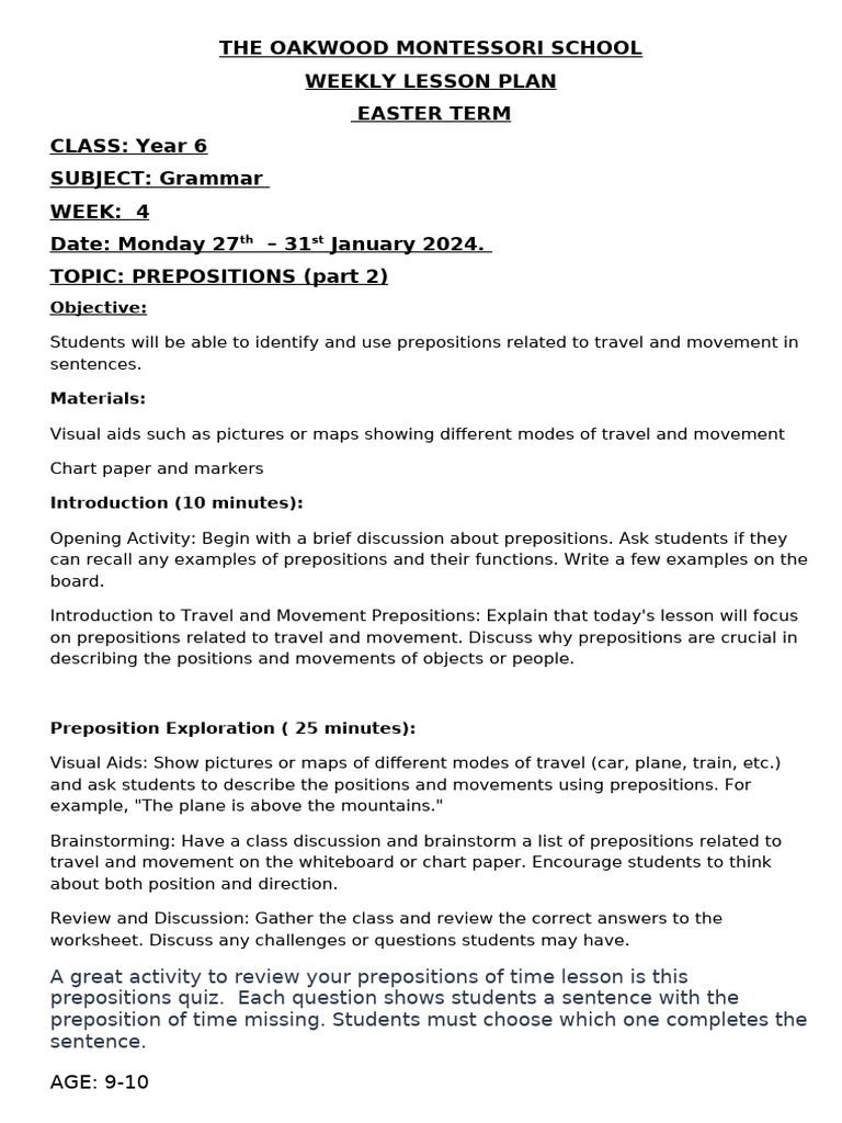 Grammar Week 4 | PDF | Preposition And Postposition | Lesson Plan