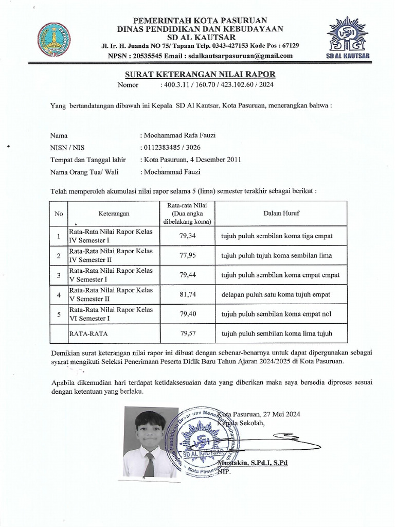 Surat Keterangan Nilai Rapor | PDF