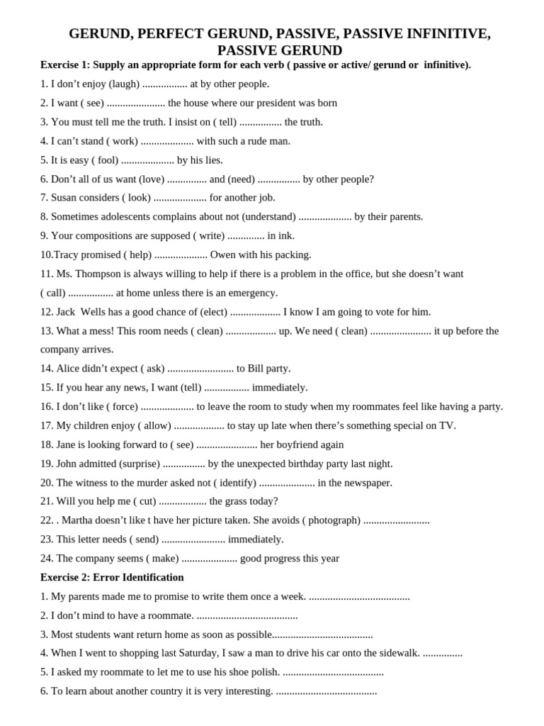 GERUND INFINITIVE PASSIVE GERUND - Exercise | PDF