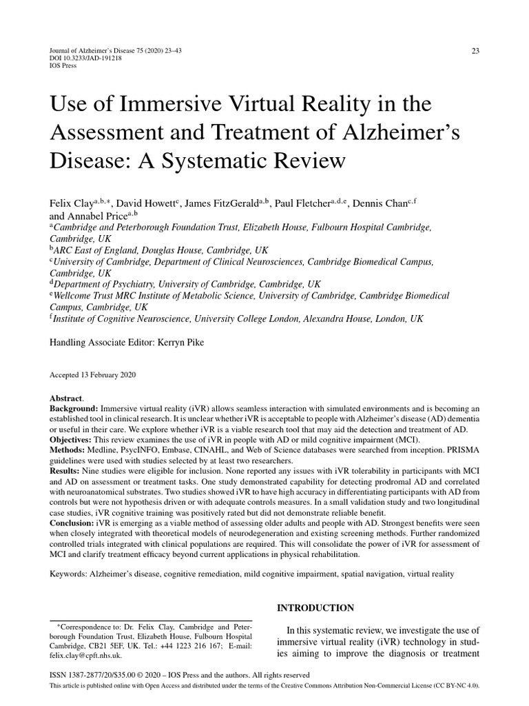 Immersive VR for Alzheimer’s Assessment | PDF | Virtual Reality ...
