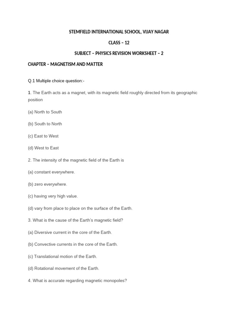 Class 12 Physics Magnetism Worksheet | PDF