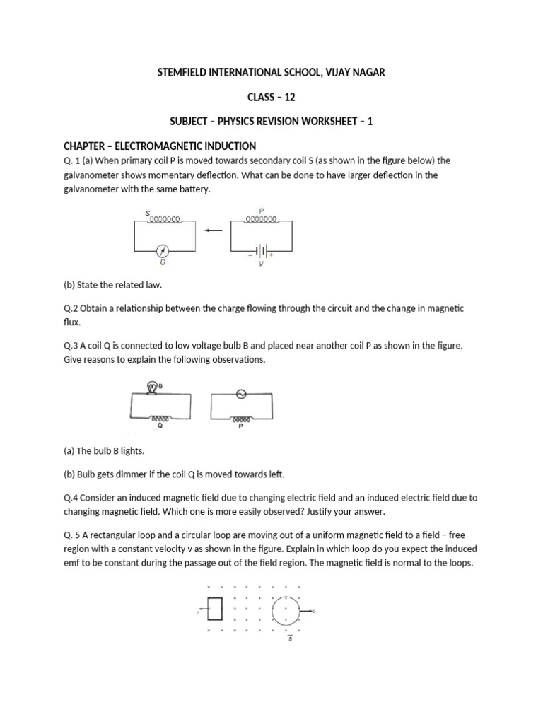 Class 12 Physics Revision Worksheet 1 | PDF