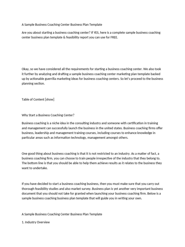 A Sample Business Coaching Center Business Plan Template | PDF ...