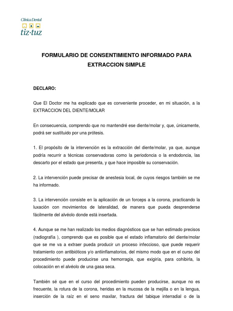 Consentimientos Extraccion Simple | PDF | Odontología | Diente humano